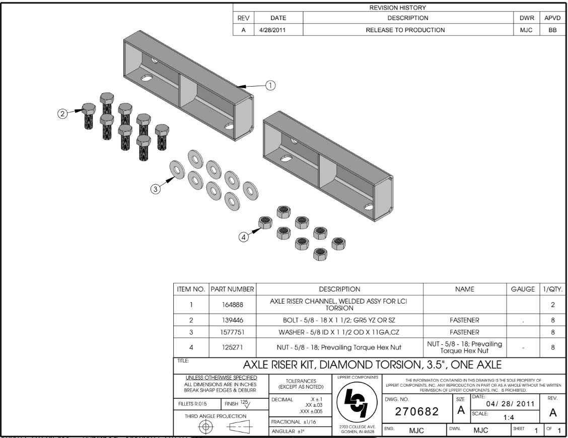 Lippert 4400# LC270862 Axle Riser Kit For LCI Torsion Trailer DIAMOND ...